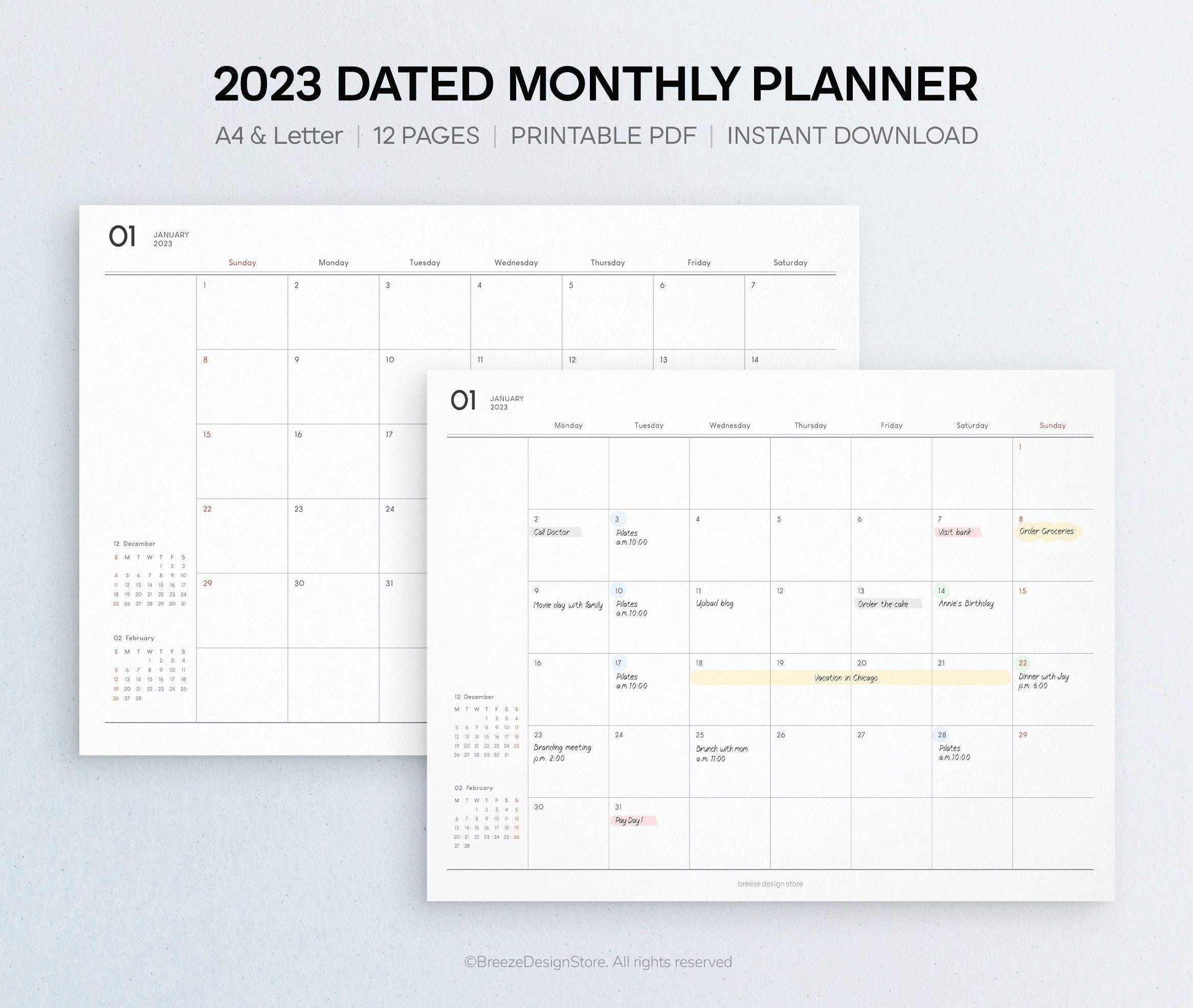 2023 Monthly Planner Printable A4 & Letter Monthly - Etsy