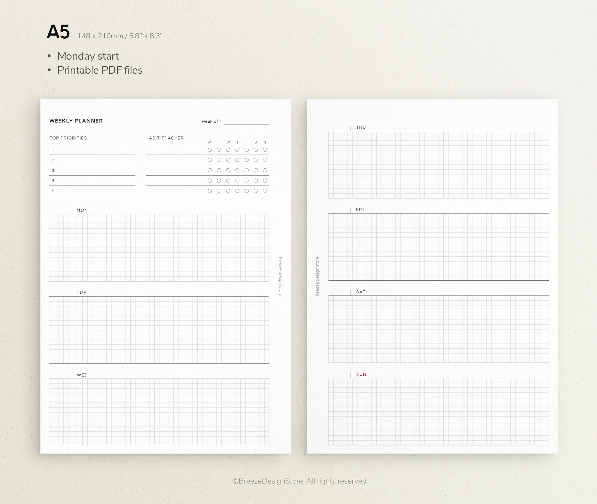 Undated Weekly Planner Printable A5 Weekly Printable, Week on Two Pages ...