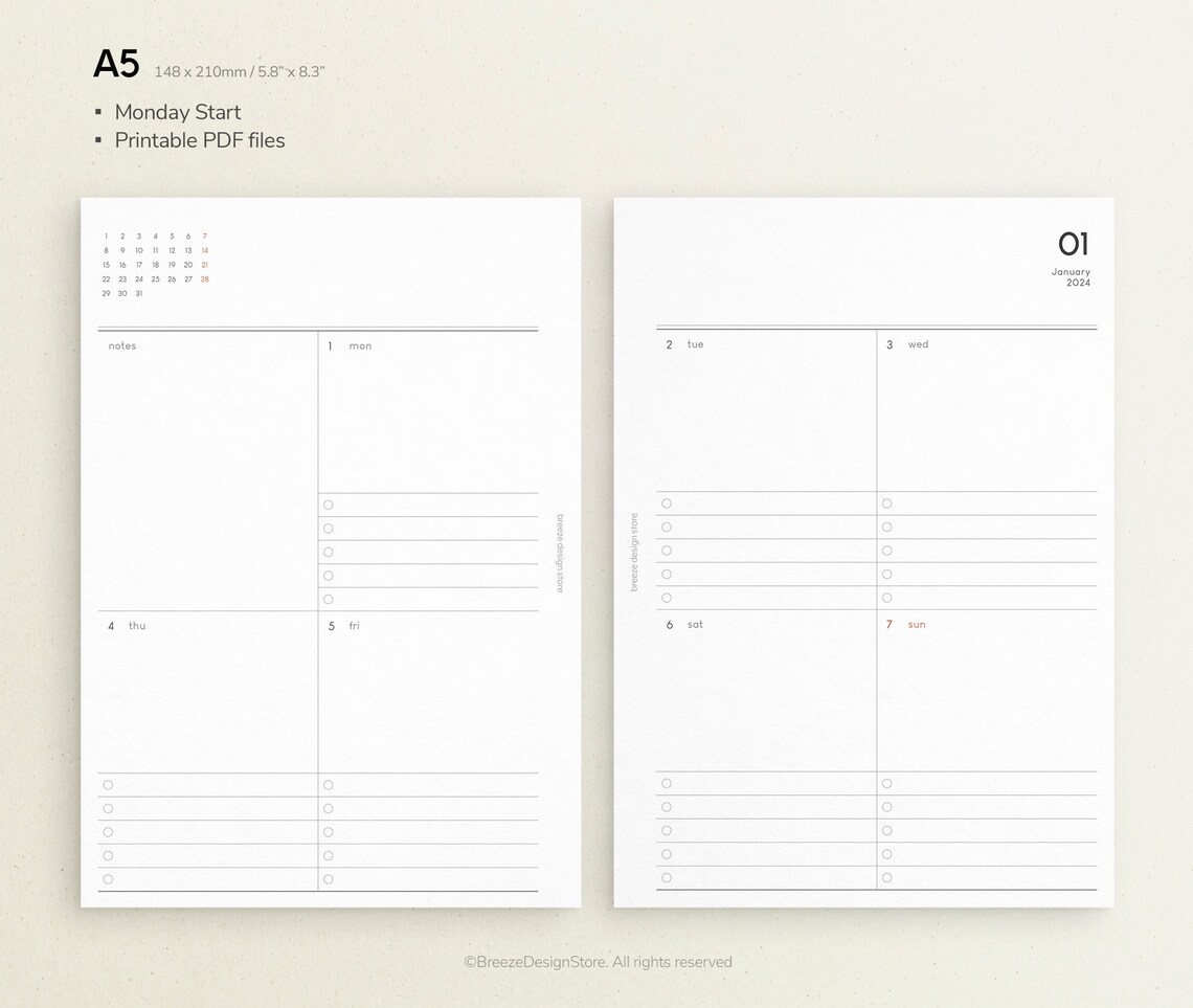 2024 Weekly Planner Printable A5 Weekly Printable, Dated Planner, Week on Two Pages, 2024 ...