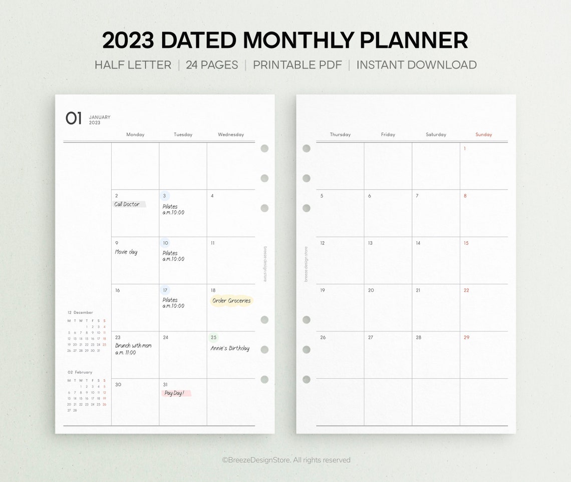 2023 Monthly Planner Printable Half Letter Monthly Printable, Dated ...