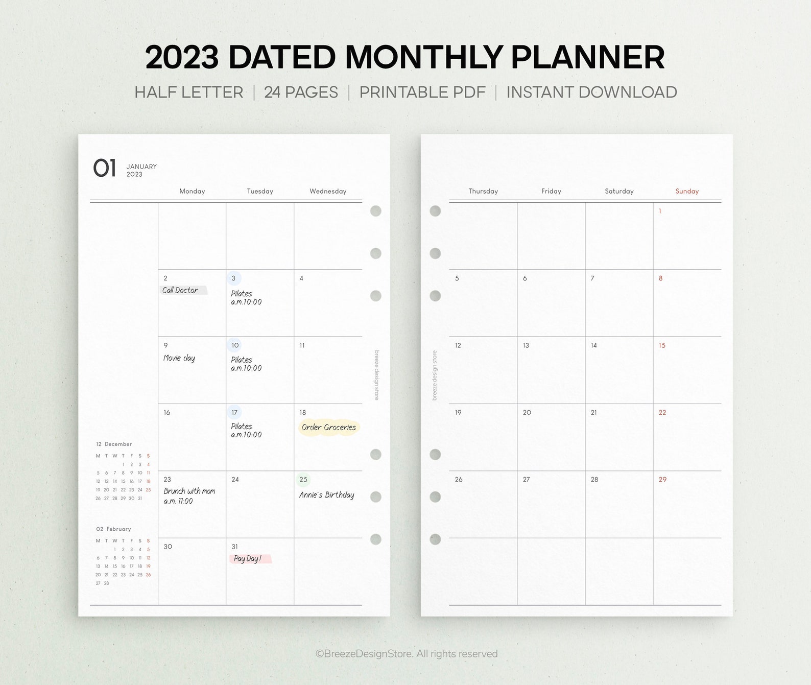 2023 Monthly Planner Printable Half Letter Monthly Printable, Dated ...