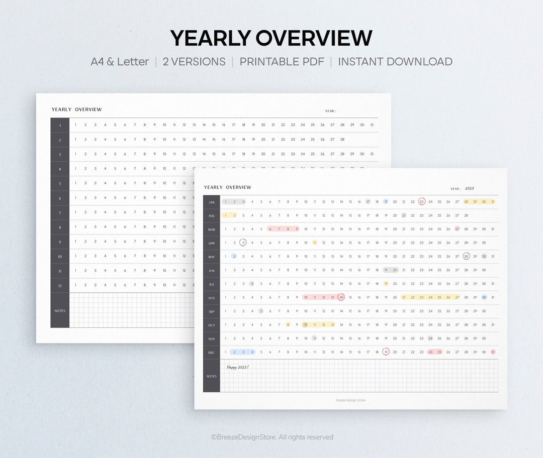 Yearly Overview Year at a Glance, A4 Yearly Printable, Year on One Page ...