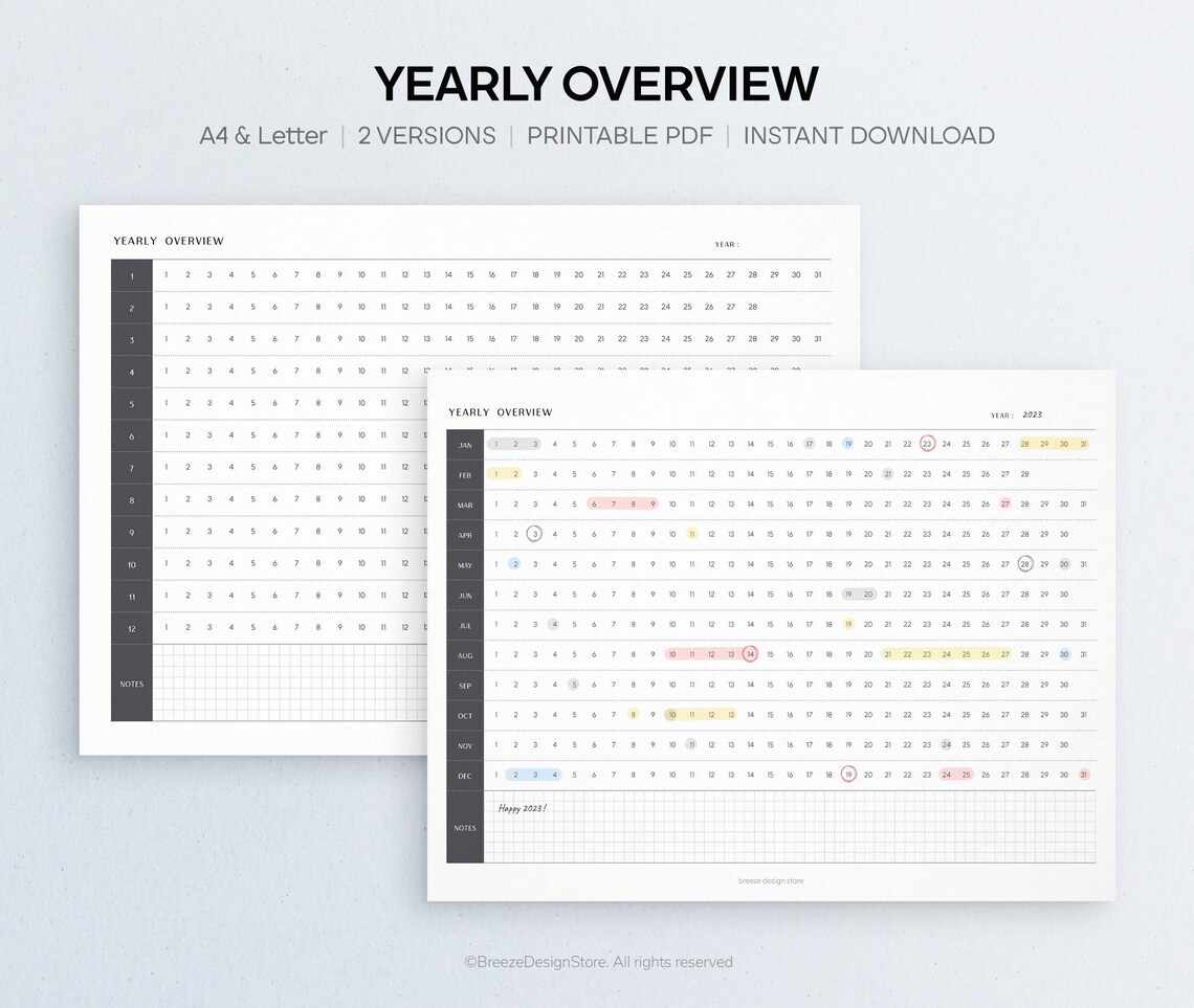 Yearly Overview Year at a Glance, A4 Yearly Printable, Year on One Page ...