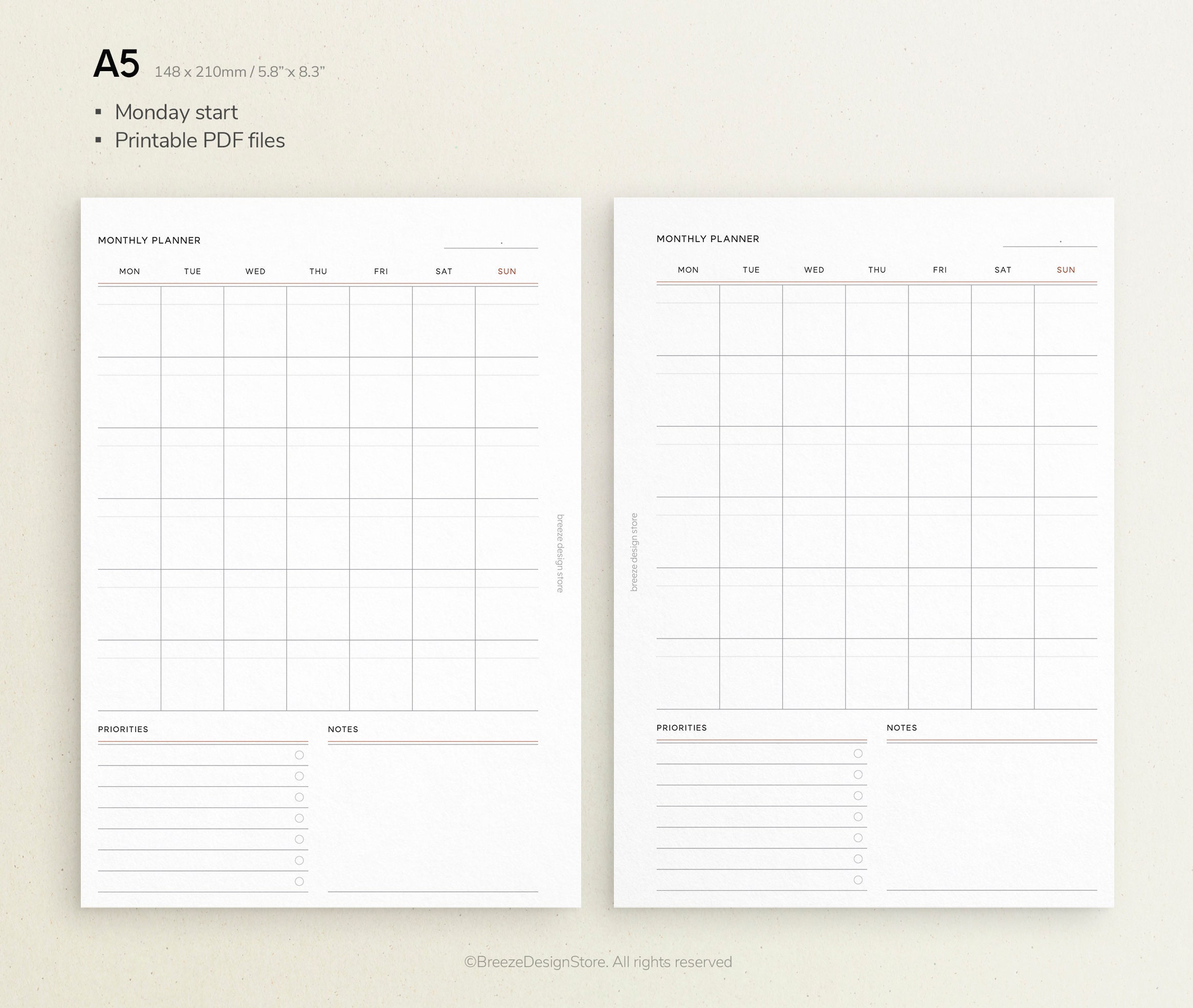 Undated Monthly Planner Printable | A5 Monthly Printable, Month on One ...