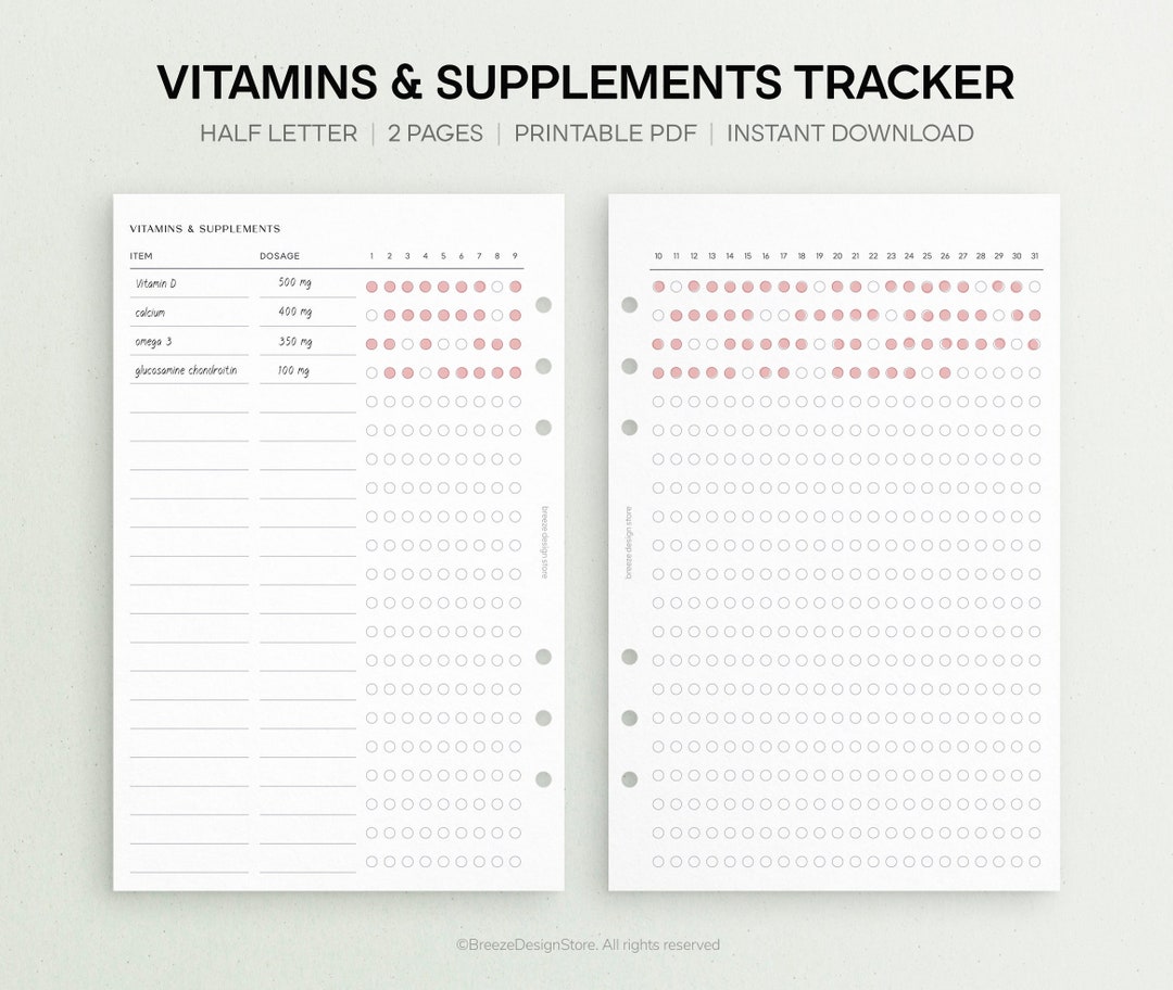 Vitamins & Supplements Tracker Printable Half Letter Vitamin Tracker ...