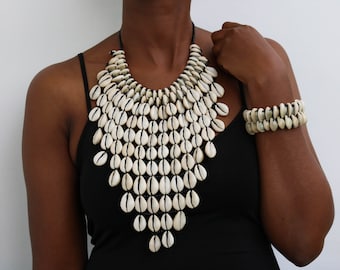 African Cowrie Shell Beaded Necklace, Handmade Statement Tribal Jewelry ...