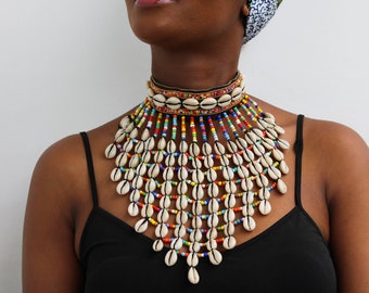 African Cowrie Shell Necklace, Cowrie Shell Choker Necklace, Leather ...