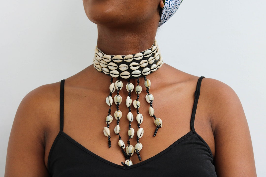African Cowrie Shell Necklace, Cowrie Shell Choker Necklace, Leather ...