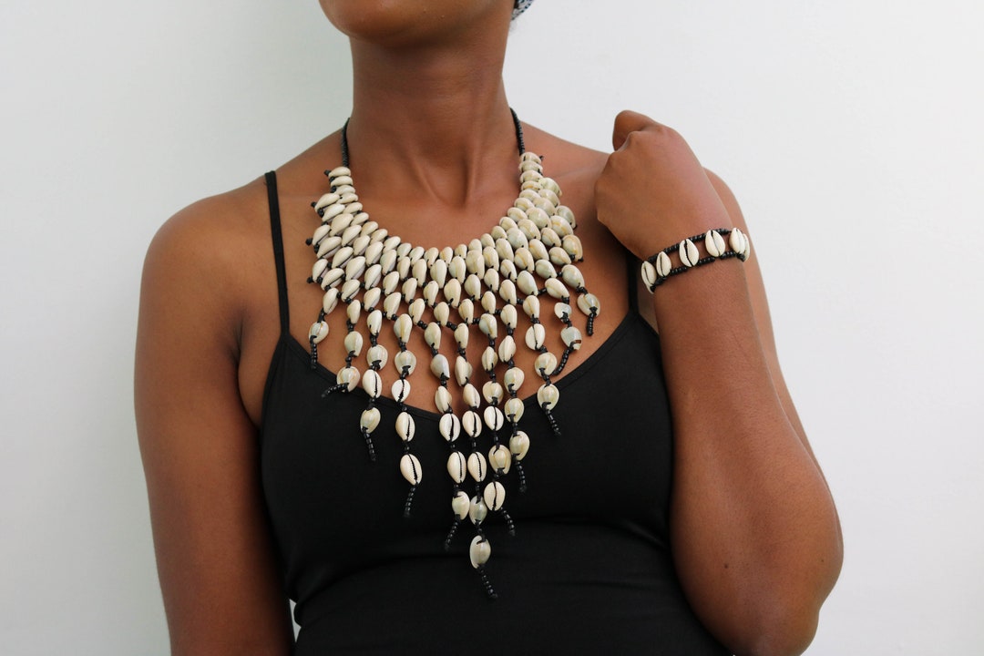 African Cowrie Shell Necklace, Fringe Sea Shell Necklace, African ...