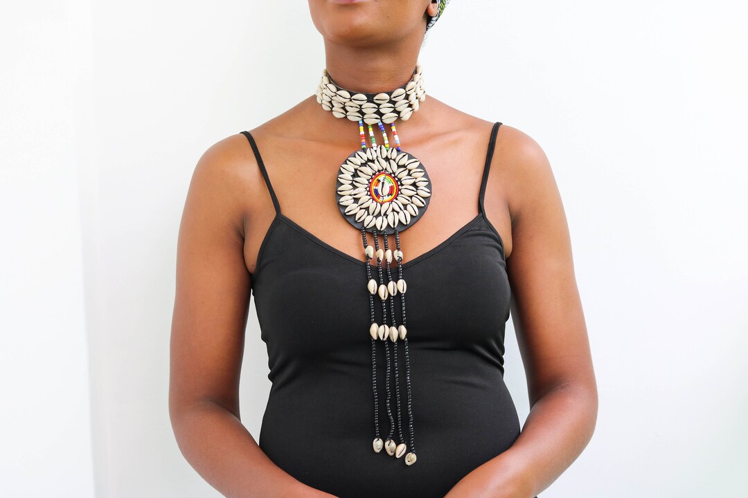 African Cowrie Shell Necklace, Cowrie Shell Choker Necklace, Leather ...