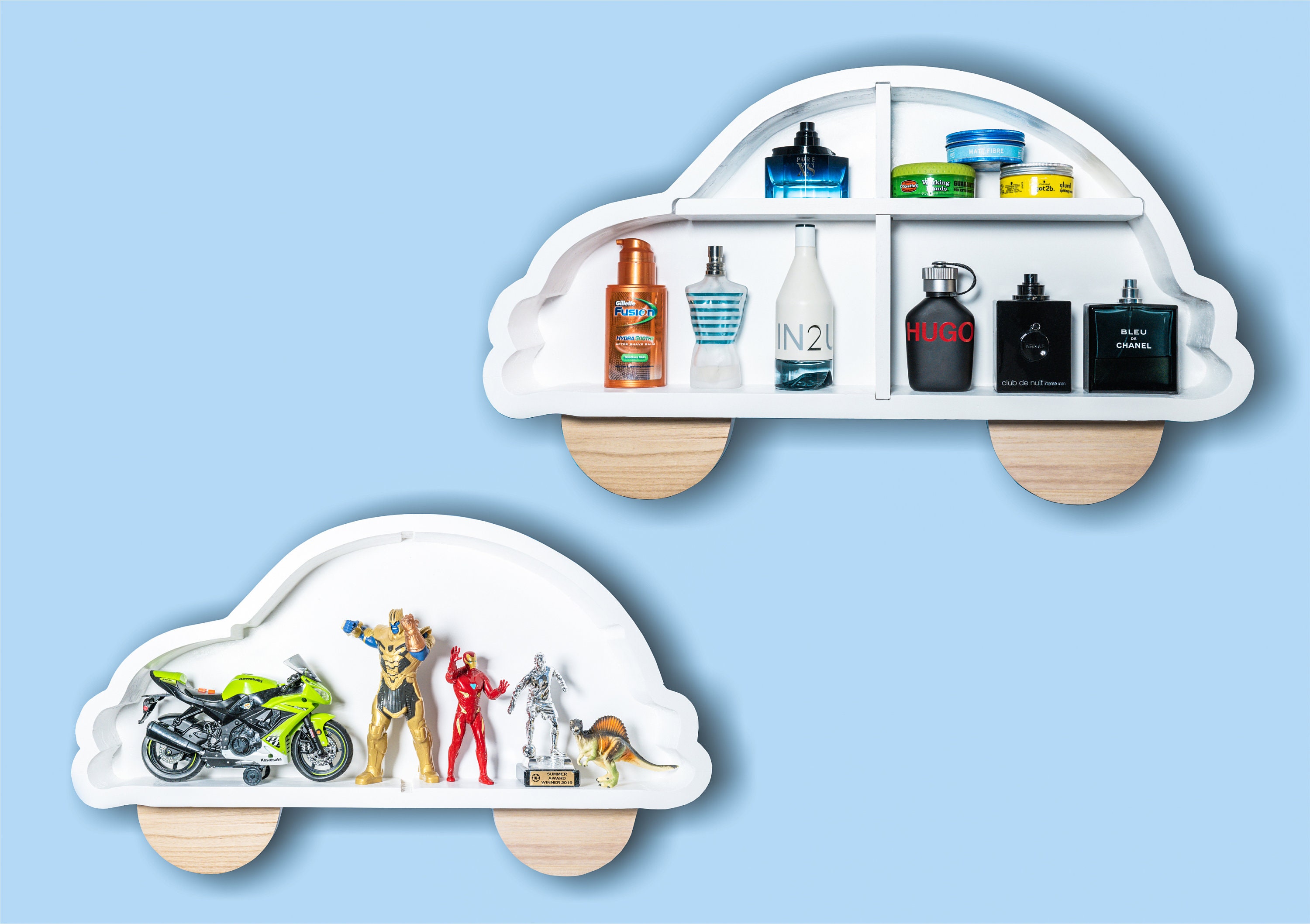 Twin Set of White Decorative Car Floating Wooden Wall Shelves Ideal for ...