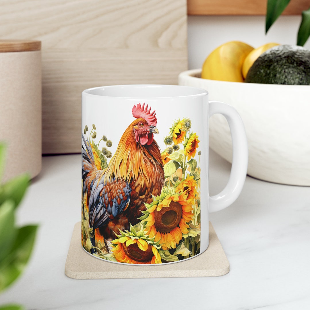 Rooster With Sunflowers Coffee Cup, Ceramic Mug 11 Oz, Crazy Chicken ...