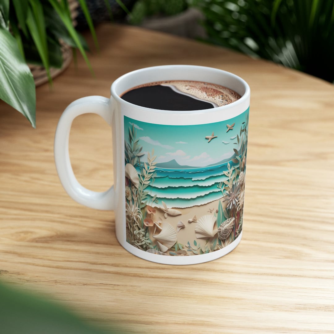 Beach Themed Coffee Cup, Coffee Mug White Ceramic 11 Oz, Beach House ...