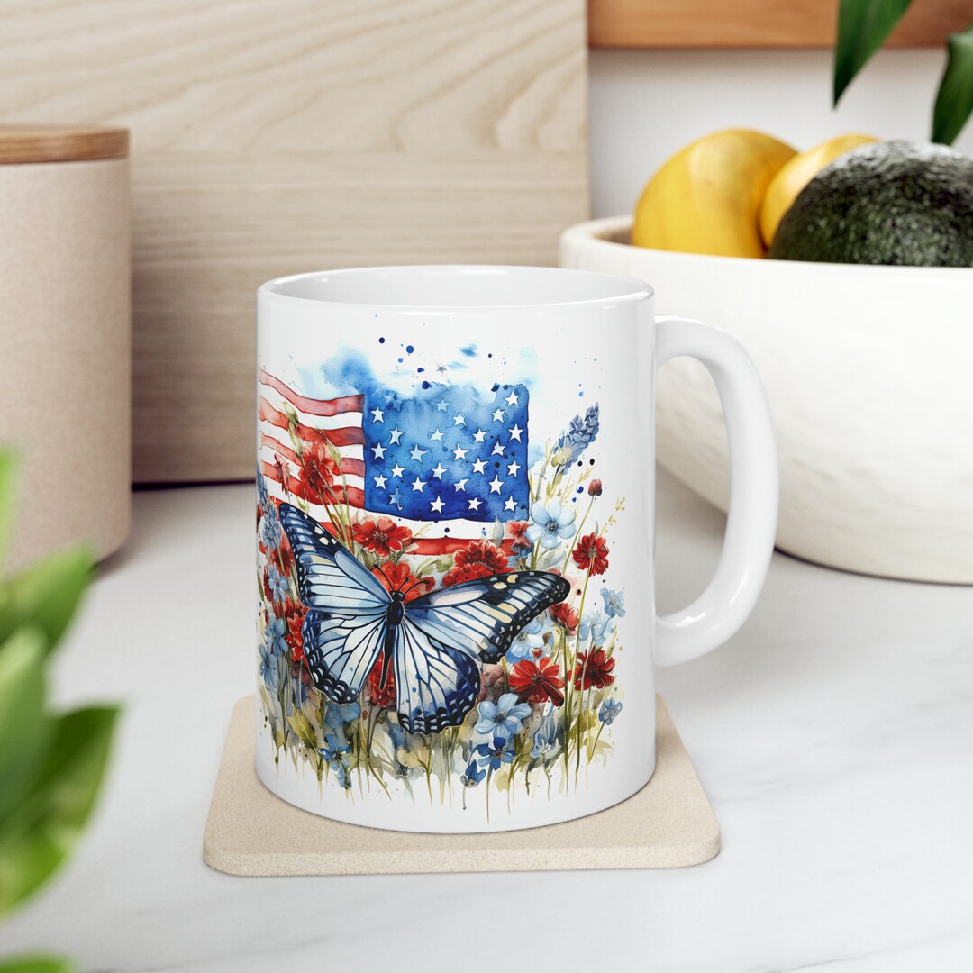 American Flag With Butterflies, Coffee Cup, Ceramic Mug, 11oz ...