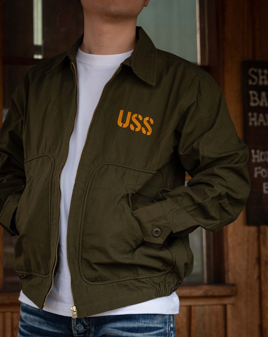 Retro Raw Denim Flight Jacket Embroidery Words Army Green Military ...