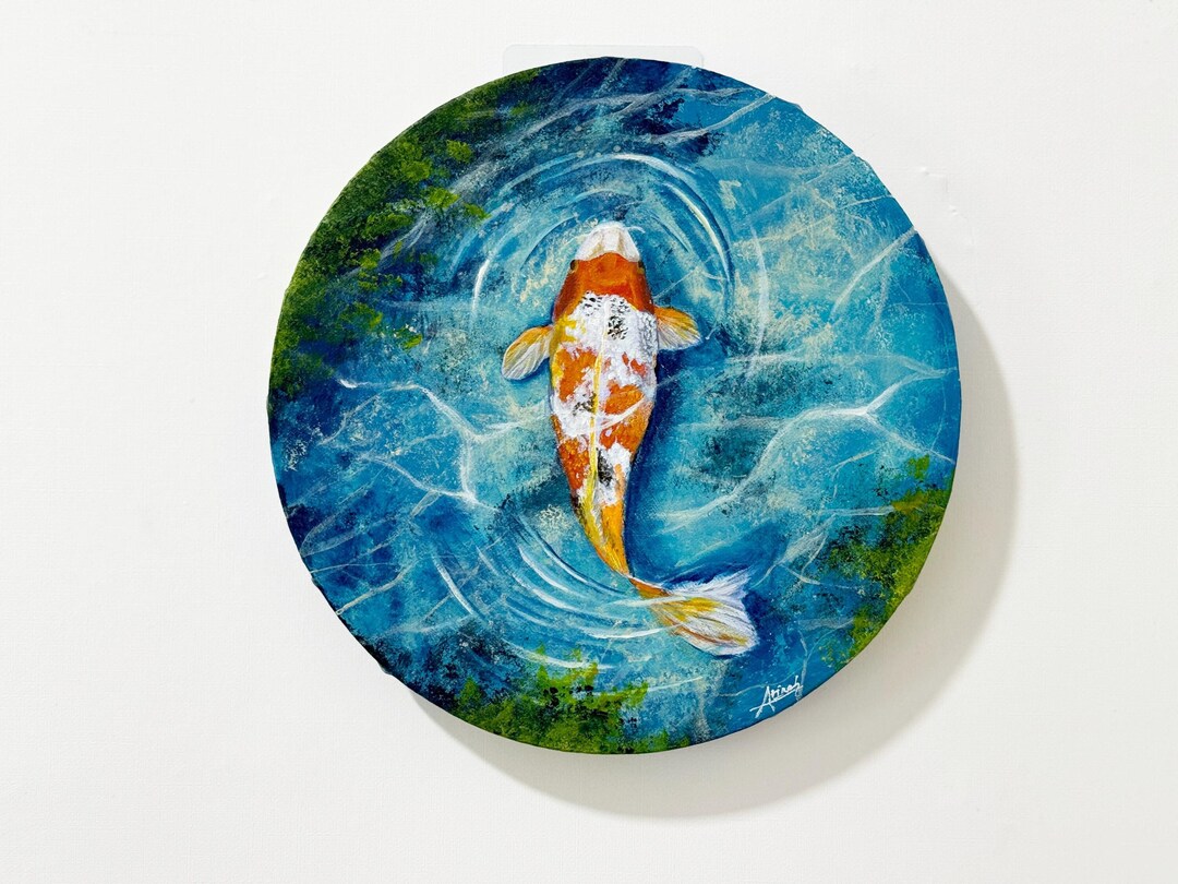 Original Painting koi Acrylic Painting on 20cm Round Canvas for Table ...