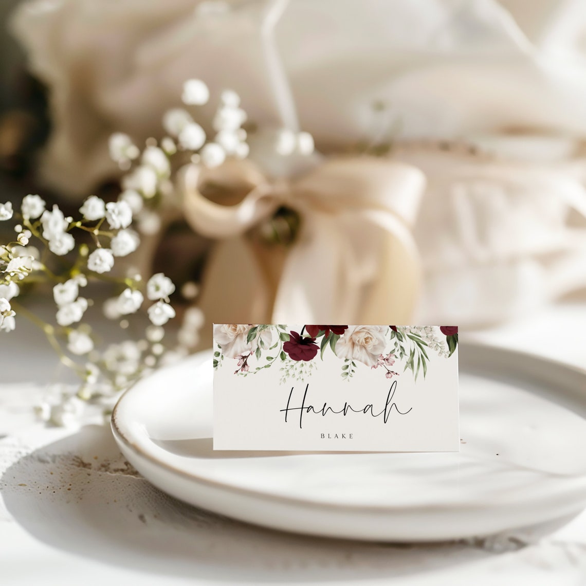 Red Floral Calligraphy Name Card Template, Wedding Place Card Template ...