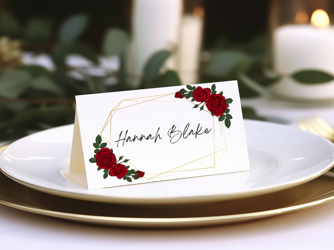 Red and Gold Floral Name Card Template, Wedding Place Card Template ...