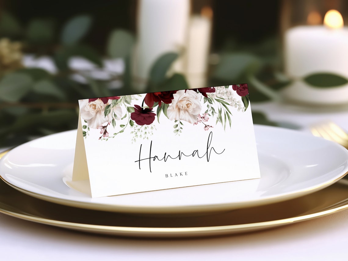 Red Floral Calligraphy Name Card Template, Wedding Place Card Template ...