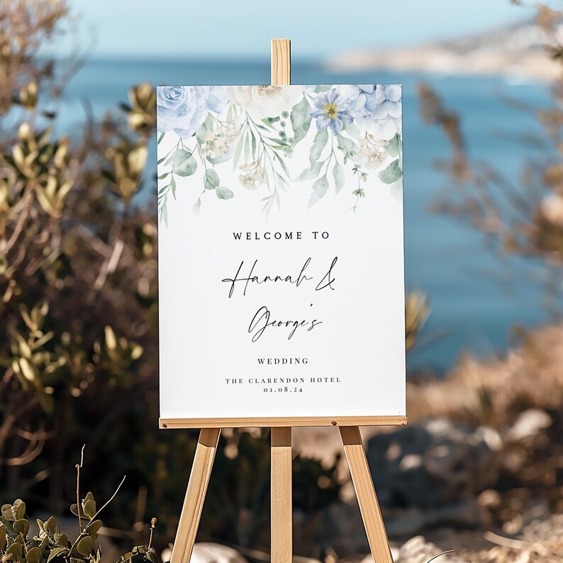 Watercolor Dusky Blue Floral Wedding Welcome Sign, Moonlight Blue ...