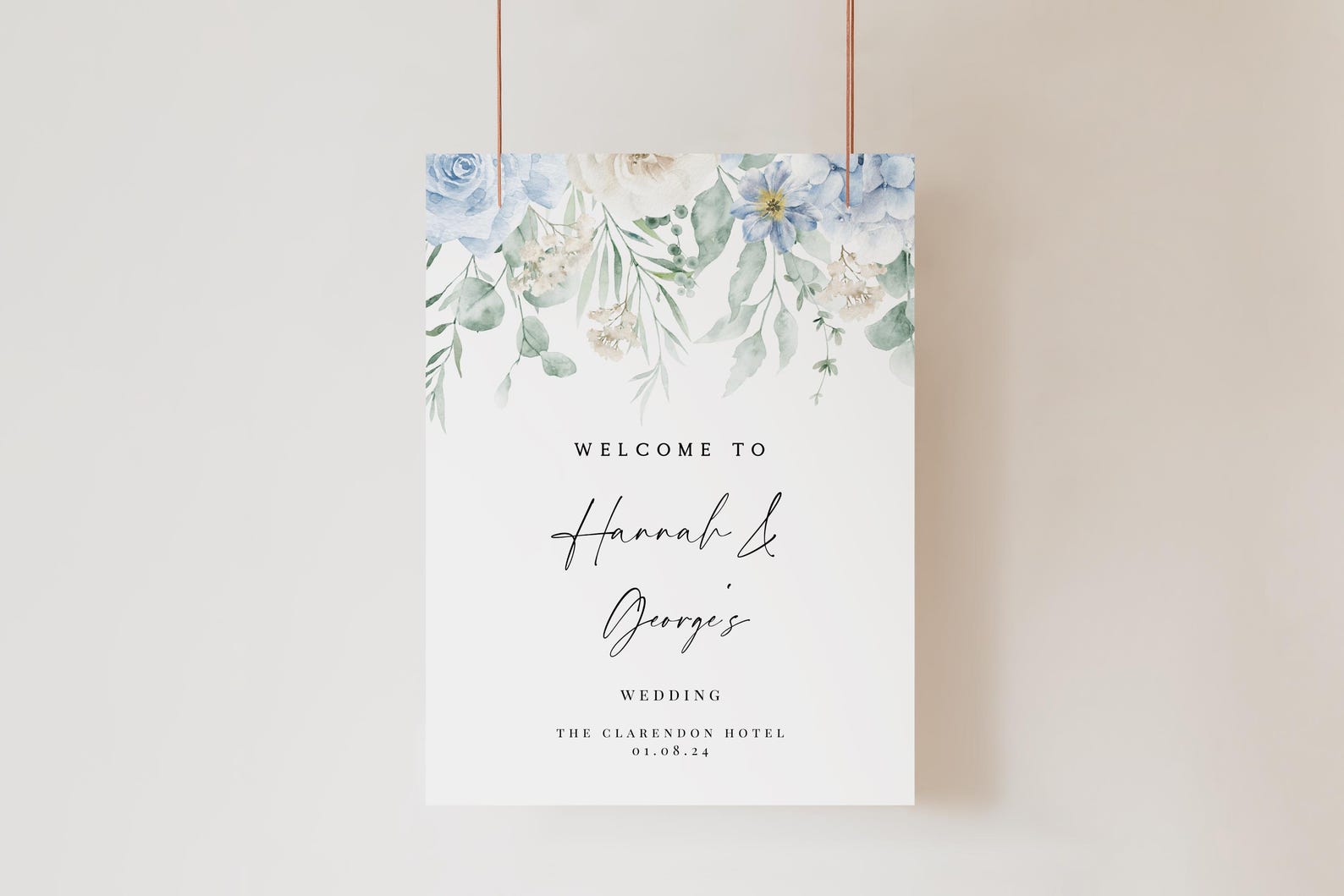 Watercolor Dusky Blue Floral Wedding Welcome Sign, Moonlight Blue ...