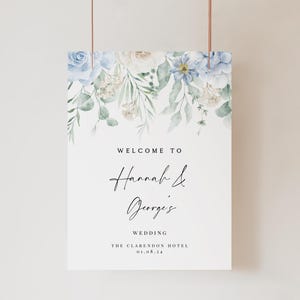 Watercolor Dusky Blue Floral Wedding Welcome Sign, Moonlight Blue ...