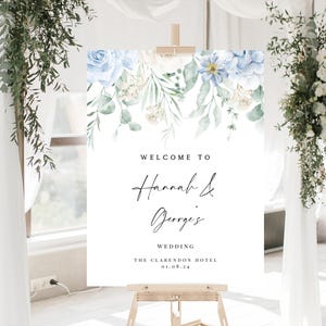 Watercolor Dusky Blue Floral Wedding Welcome Sign, Moonlight Blue ...