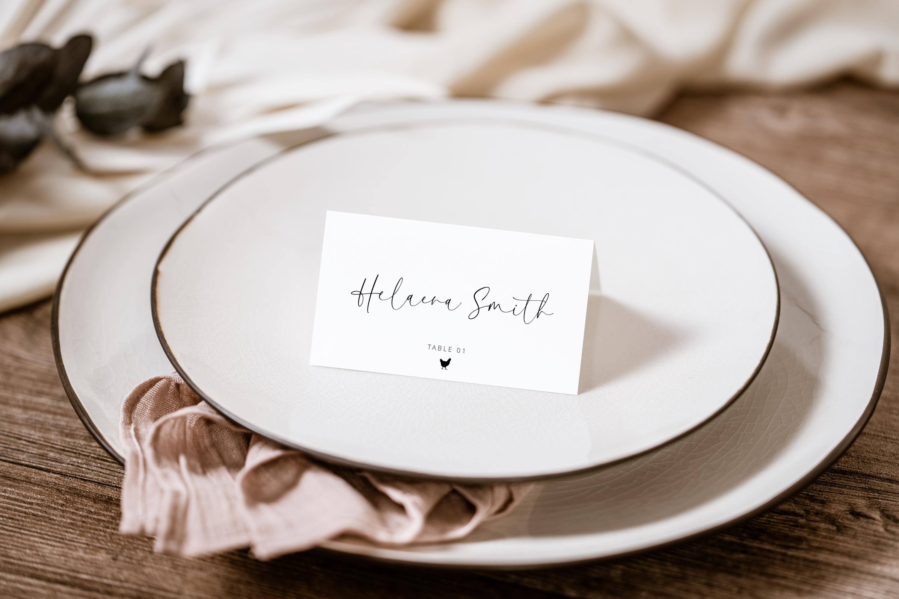 Minimal Calligraphy Name Card Template With Dietery Requirement Icons ...