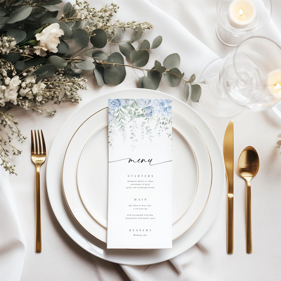Editable Wedding Menu Template, Printable Place Card, Dusty Blue Name ...