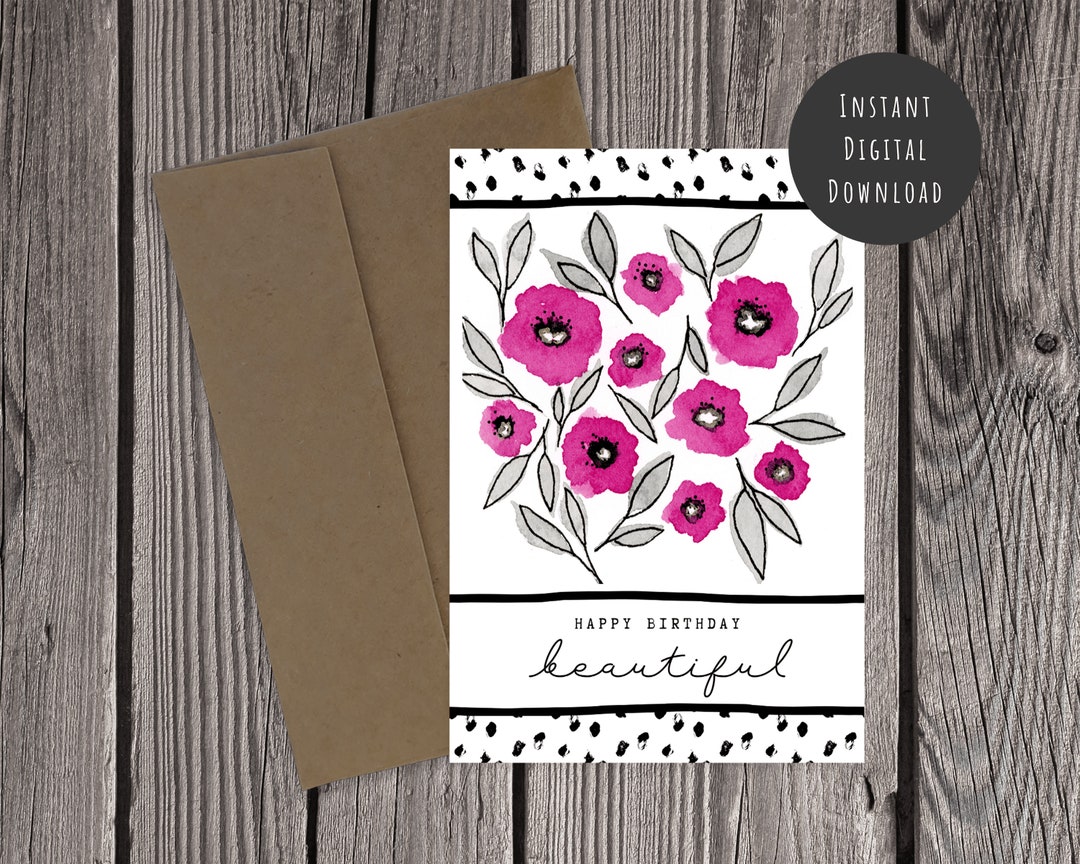 Printable Happy Birthday Beautiful Card Watercolor Hot Pink Black ...