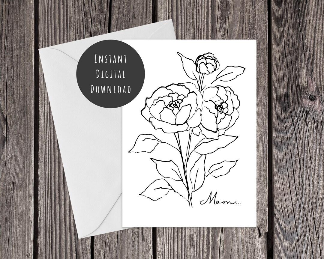 Printable Peony Coloring Card, Mother's Day Birthday Gift (digital ...