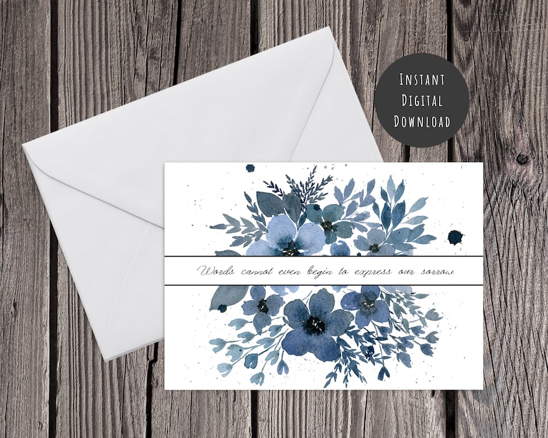 Printable Sympathy Blue Floral Watercolor Card Instant Digital Download ...