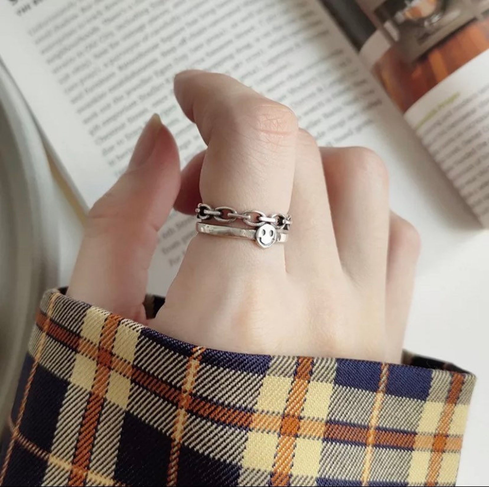 Smile Ring With Chain Smiley Face Resizable Adjustable - Etsy