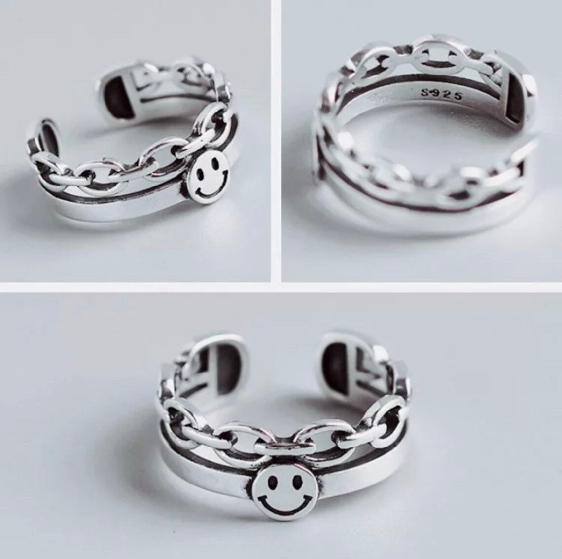 Smile Ring With Chain Smiley Face Resizable Adjustable | Etsy