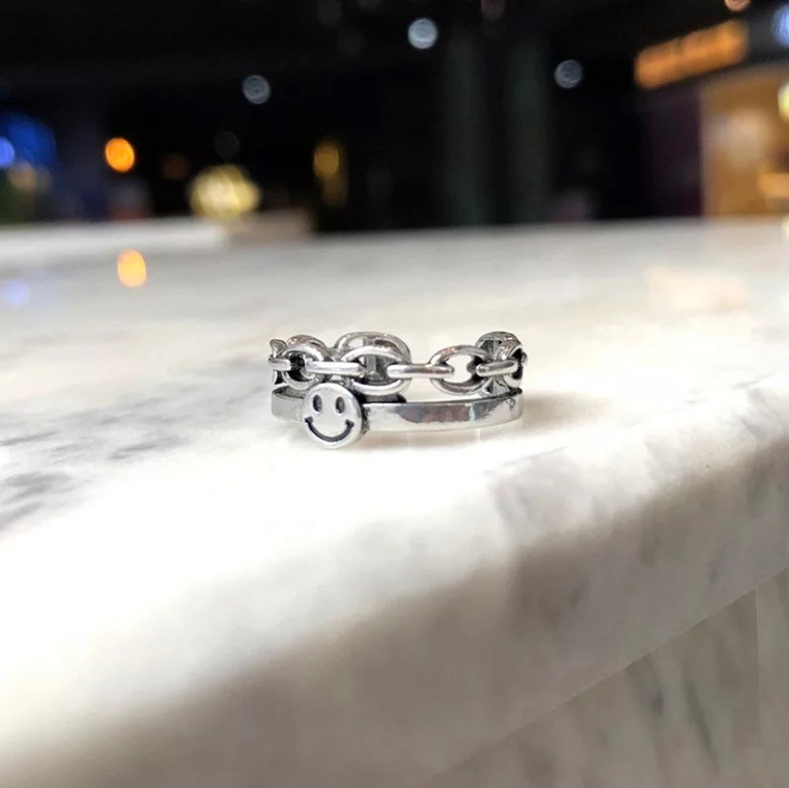 Smile Ring With Chain Smiley Face Resizable Adjustable | Etsy