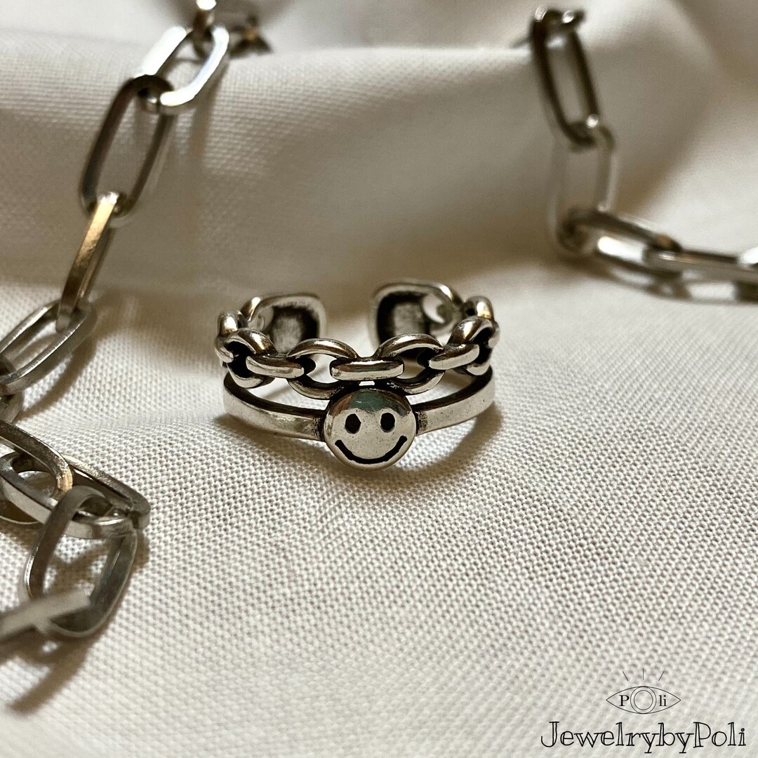 Smile Ring With Chain Smiley Face Resizable Adjustable - Etsy