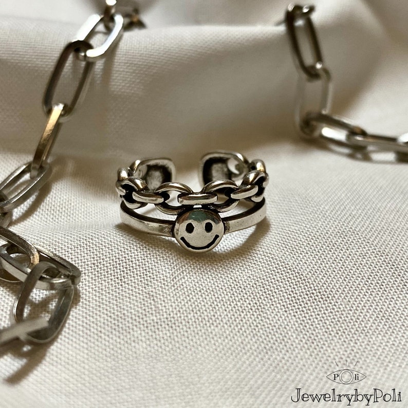 Smile Ring With Chain Smiley Face Resizable Adjustable | Etsy