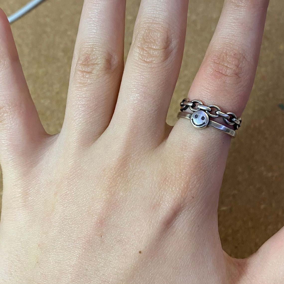 Smile Ring With Chain Smiley Face Resizable Adjustable | Etsy