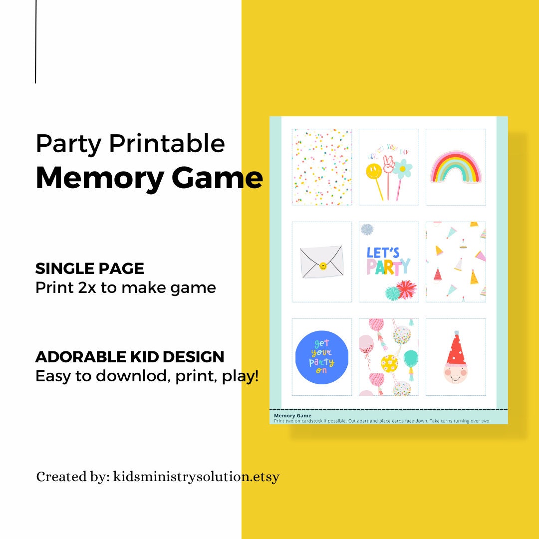 Printable Party Memory Match Game for Children Celebration Memory Match ...