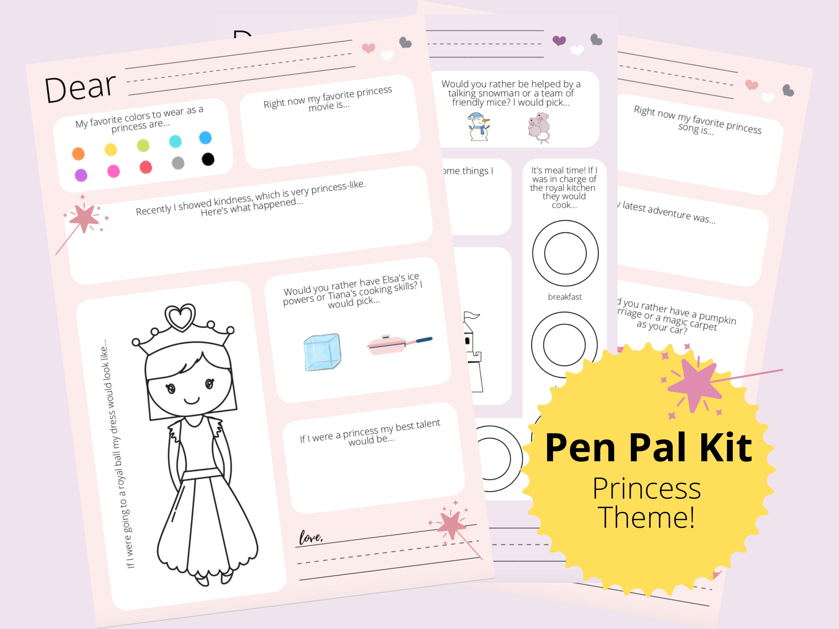 Pen Pal Kit Princess Activities Kids Letter Template Writing Prompts ...