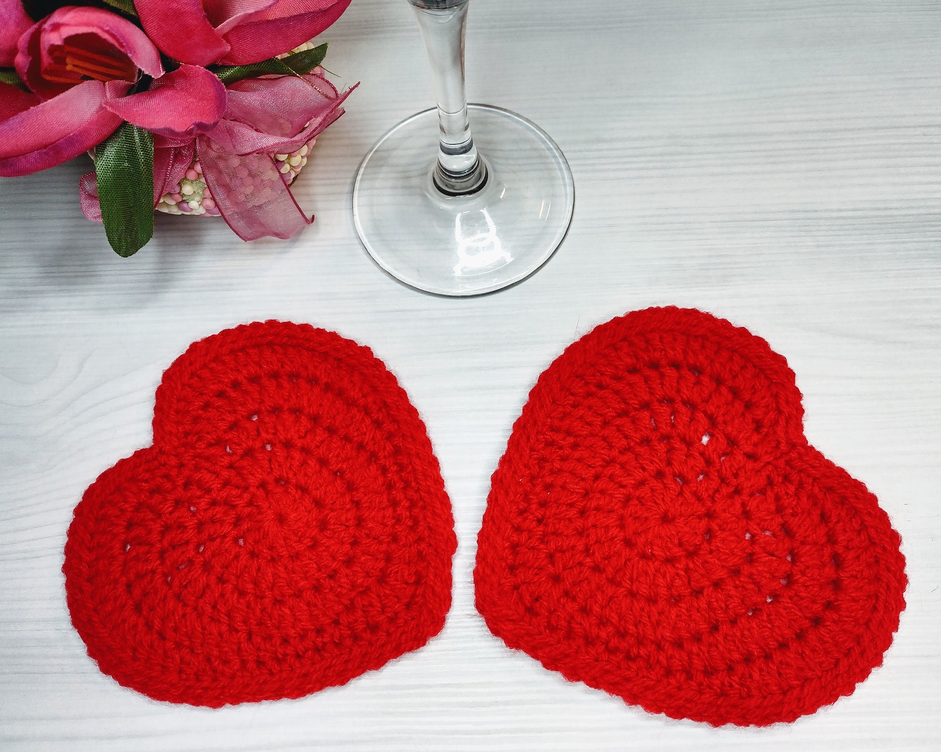 Set of 6 Red Heart Shaped Coasters / Crochet Mug Coasters / Heart ...