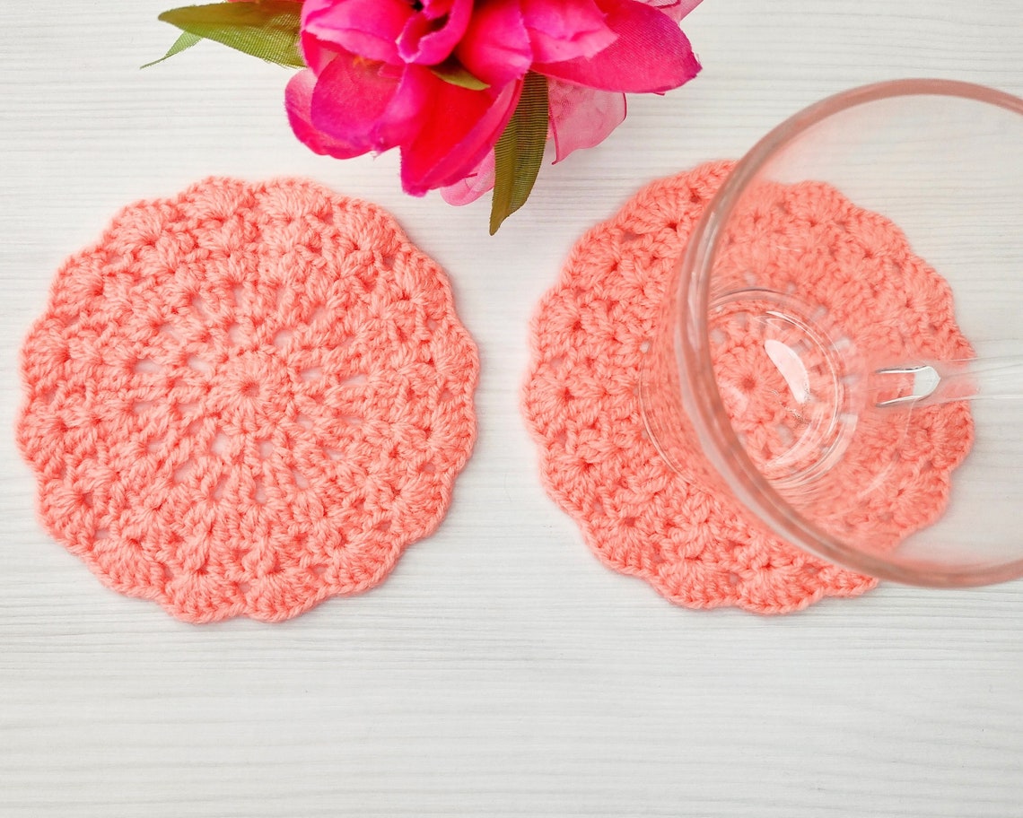 Crochet Round Coasters Set 6 Items Knitted Cup Coasters Peach-colored ...