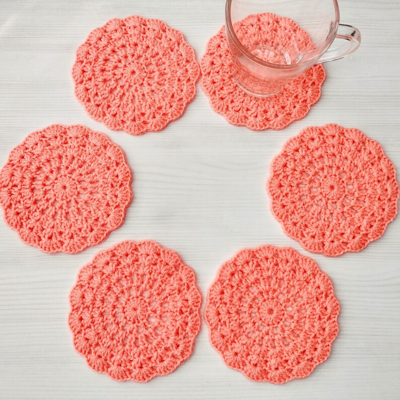 Crochet Round Coasters Set 6 Items Knitted Cup Coasters Peach-colored ...