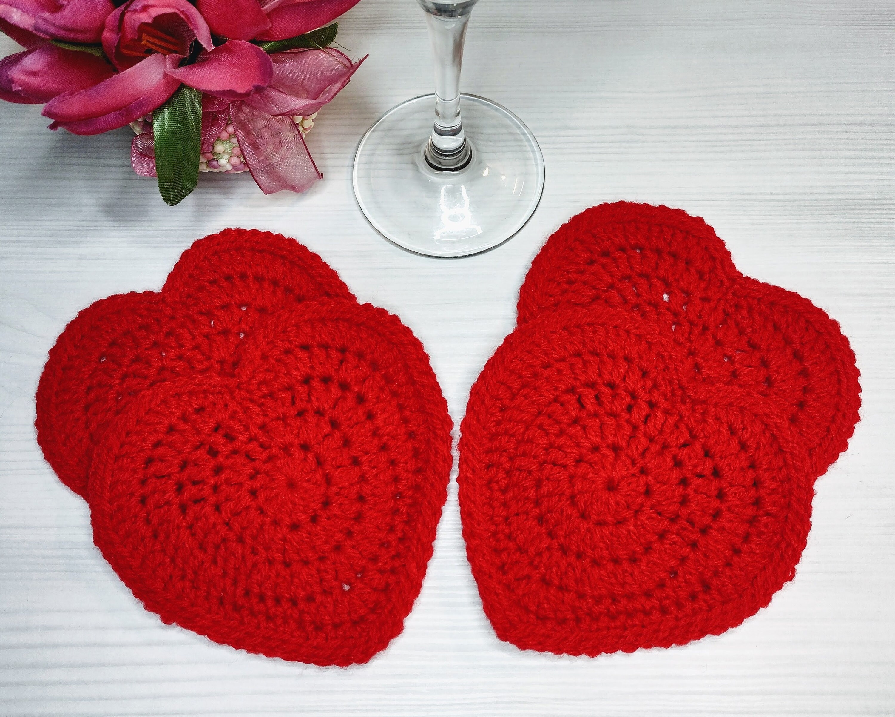 Set of 6 Red Heart Shaped Coasters / Crochet Mug Coasters / Heart ...
