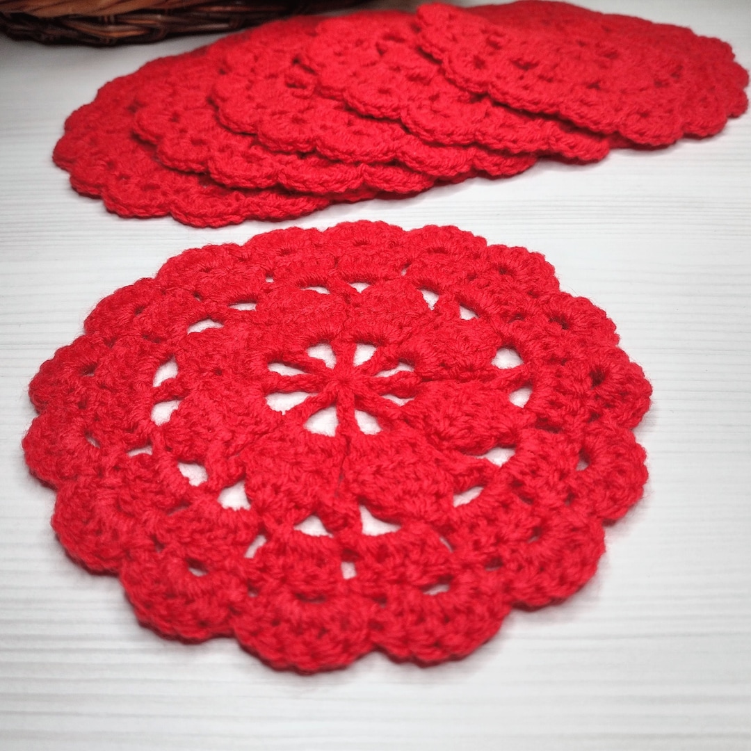 Lace Coasters Round Napkins Set Crochet of 6 Set of Red Crochet Napkins ...
