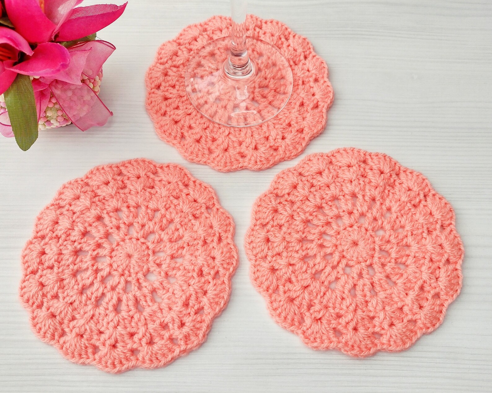 Crochet Round Coasters Set 6 Items Knitted Cup Coasters Peach-colored ...