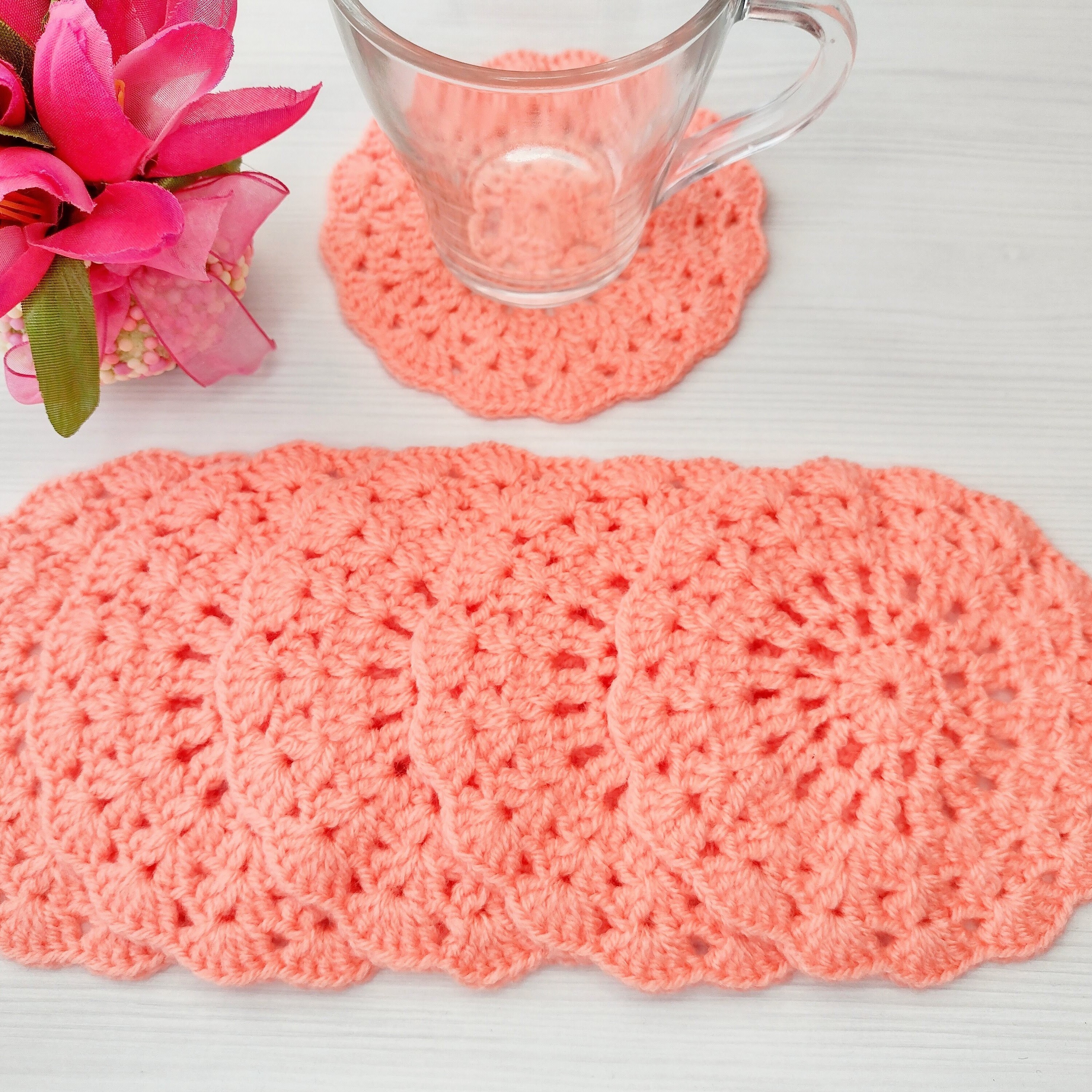 Crochet Round Coasters Set 6 Items Knitted Cup Coasters Peach-colored ...