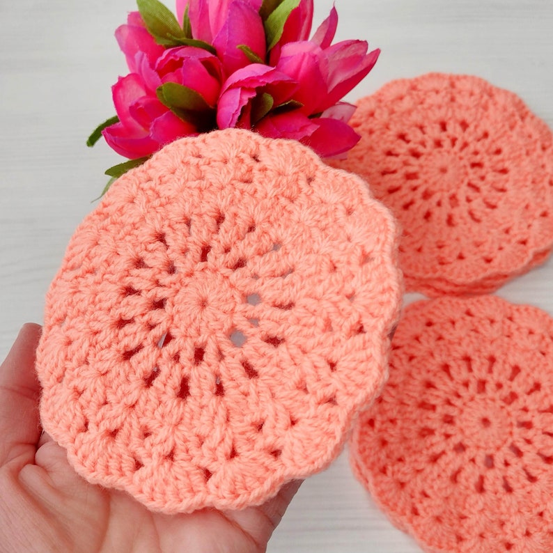 Crochet Round Coasters Set 6 Items Knitted Cup Coasters Peach-colored ...