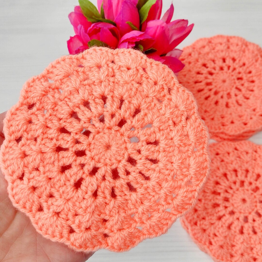 Crochet Round Coasters Set 6 Items Knitted Cup Coasters Peach-colored ...