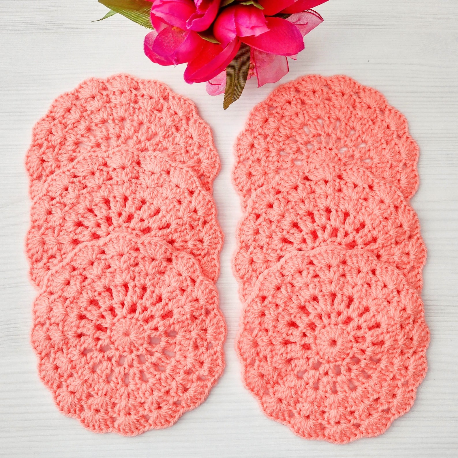 Crochet Round Coasters Set 6 Items Knitted Cup Coasters Peach-colored ...